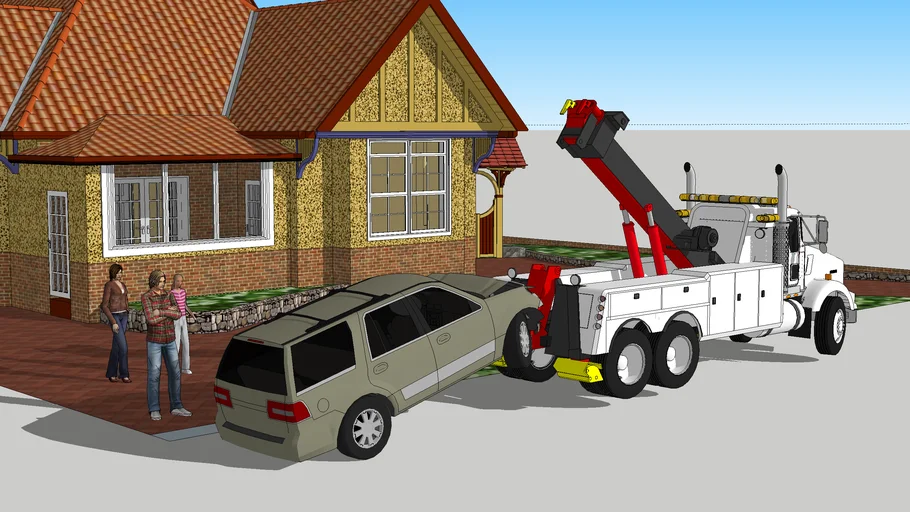 Family looking on at car being towed | 3D Warehouse