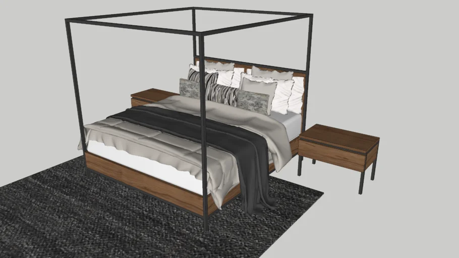 Modern Bed & Mattress with Black Canopy Frame & Side Table | 3D Warehouse